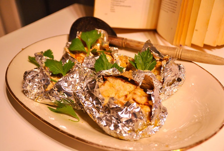 Cod fillets in Indonesian herb paste or Bebotok Ikan